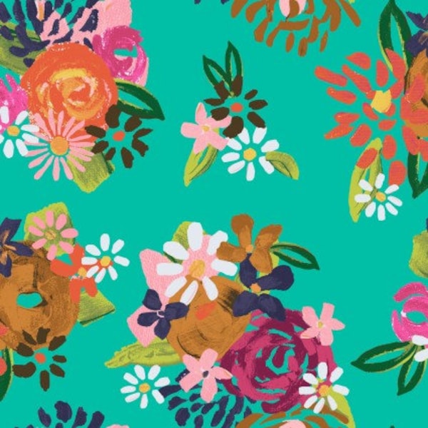 Teal Floral Fabric - Etsy