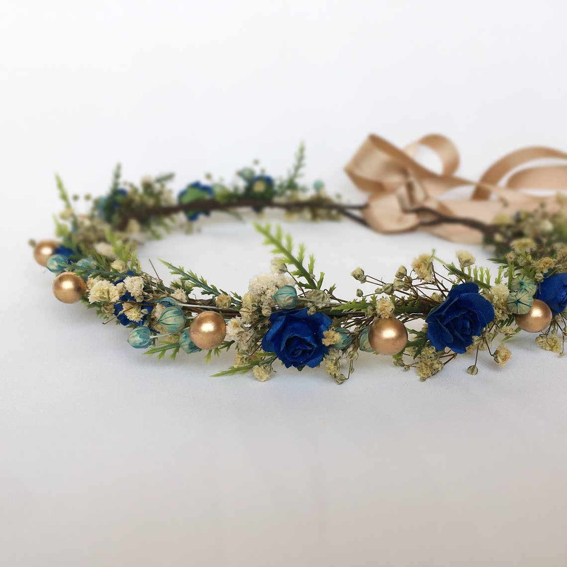 Navy flower crown gold and navy blue flowers crown Bridal | Etsy