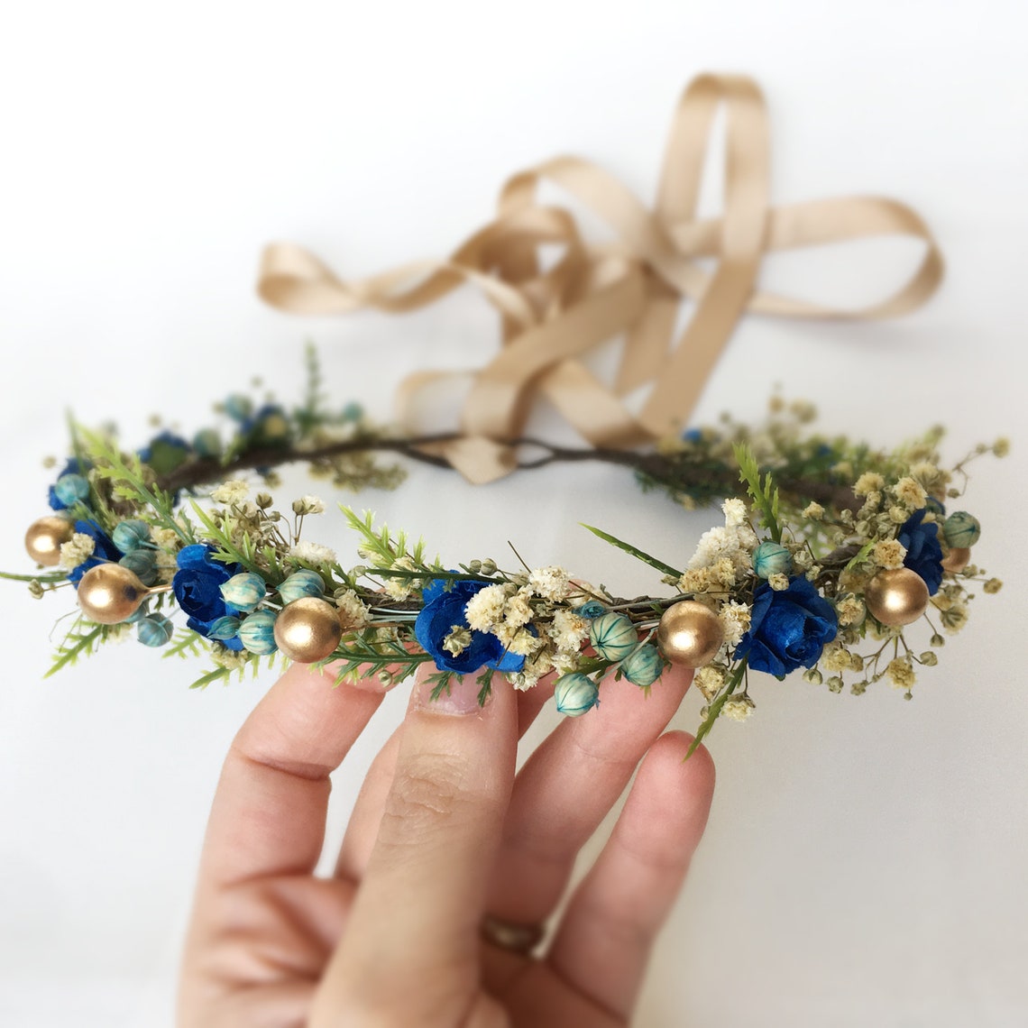 Navy flower crown gold and navy blue flowers crown Bridal | Etsy
