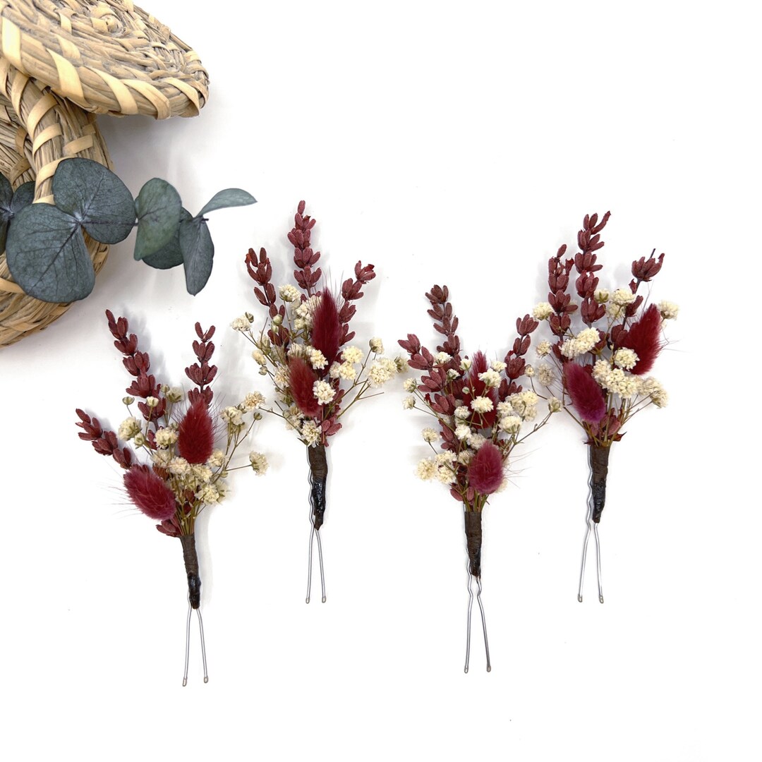 Burgundy Flower Hair Pins, Rustic Wedding Hairpiece, Set of 4 - Etsy