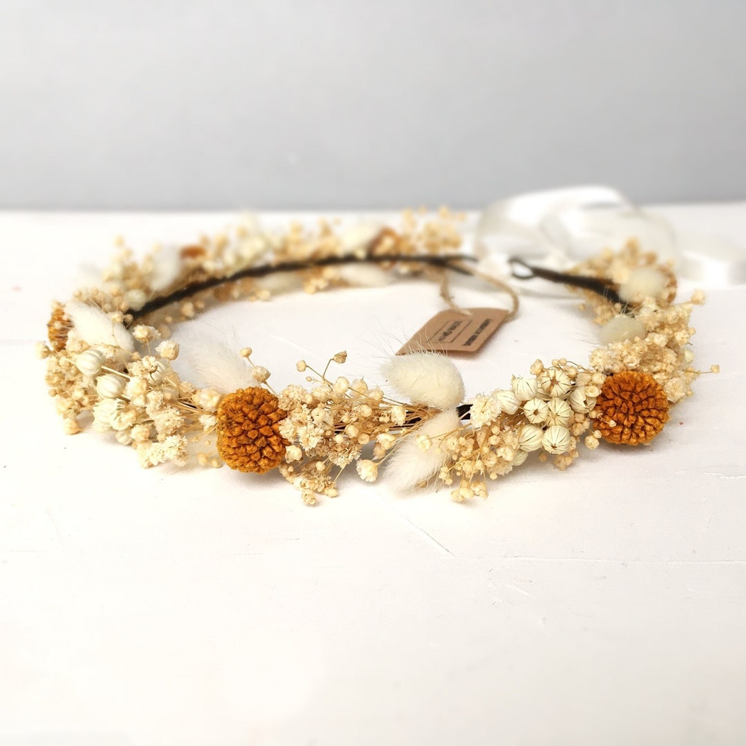 Orange Ball Flower Crown, Ivory Dried Flower Crown, Wildflower Crown ...