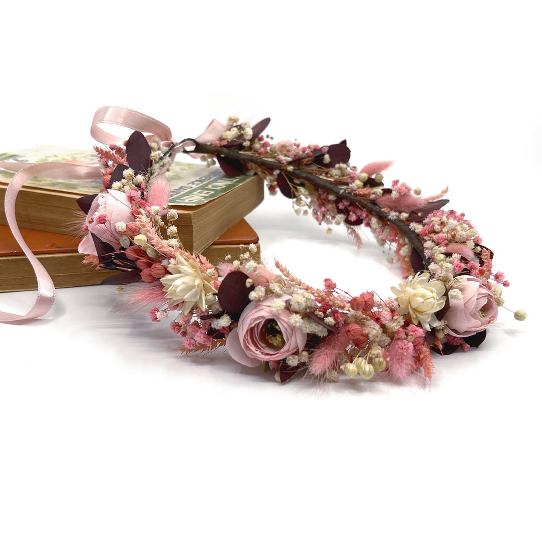Dried Dusty Pink Flower Crown, Dusty Pink Flower Wreath, Rustic& Boho ...