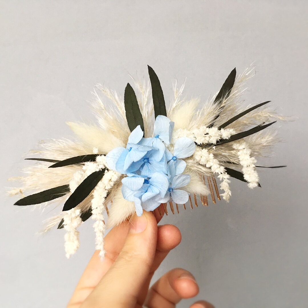 Dried Flower Dusty Blue Hair Comb, Dusty Blue Hair Comb, Elegant Flower ...