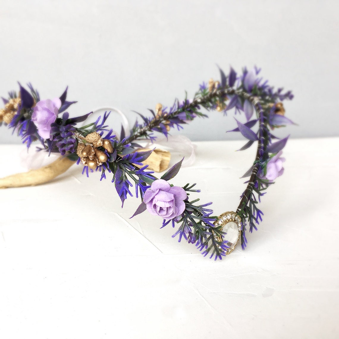 Purple and Gold Flower Elf Crown, Elven Flower Crown, Fairy Flower ...