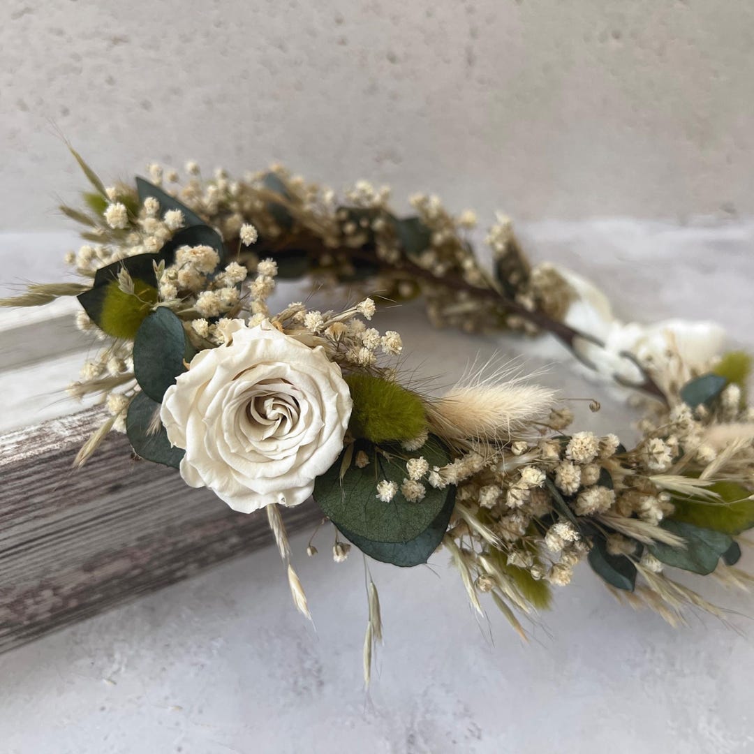 Boho Ivory and Natural Green Dried Flower Bridal Crown – Ivory Rose ...