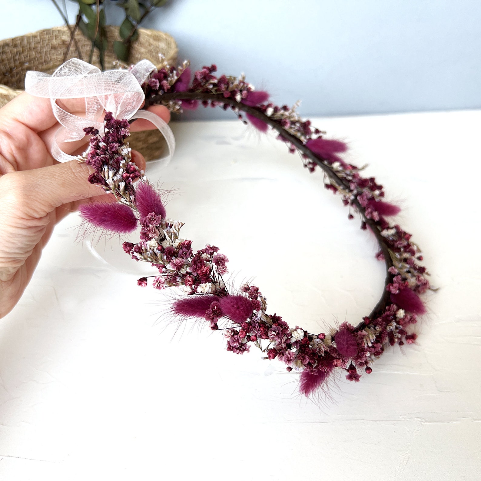 Dried Plum Flower Crown, Purple Bridal Headpiece, Baby's Breath - Etsy