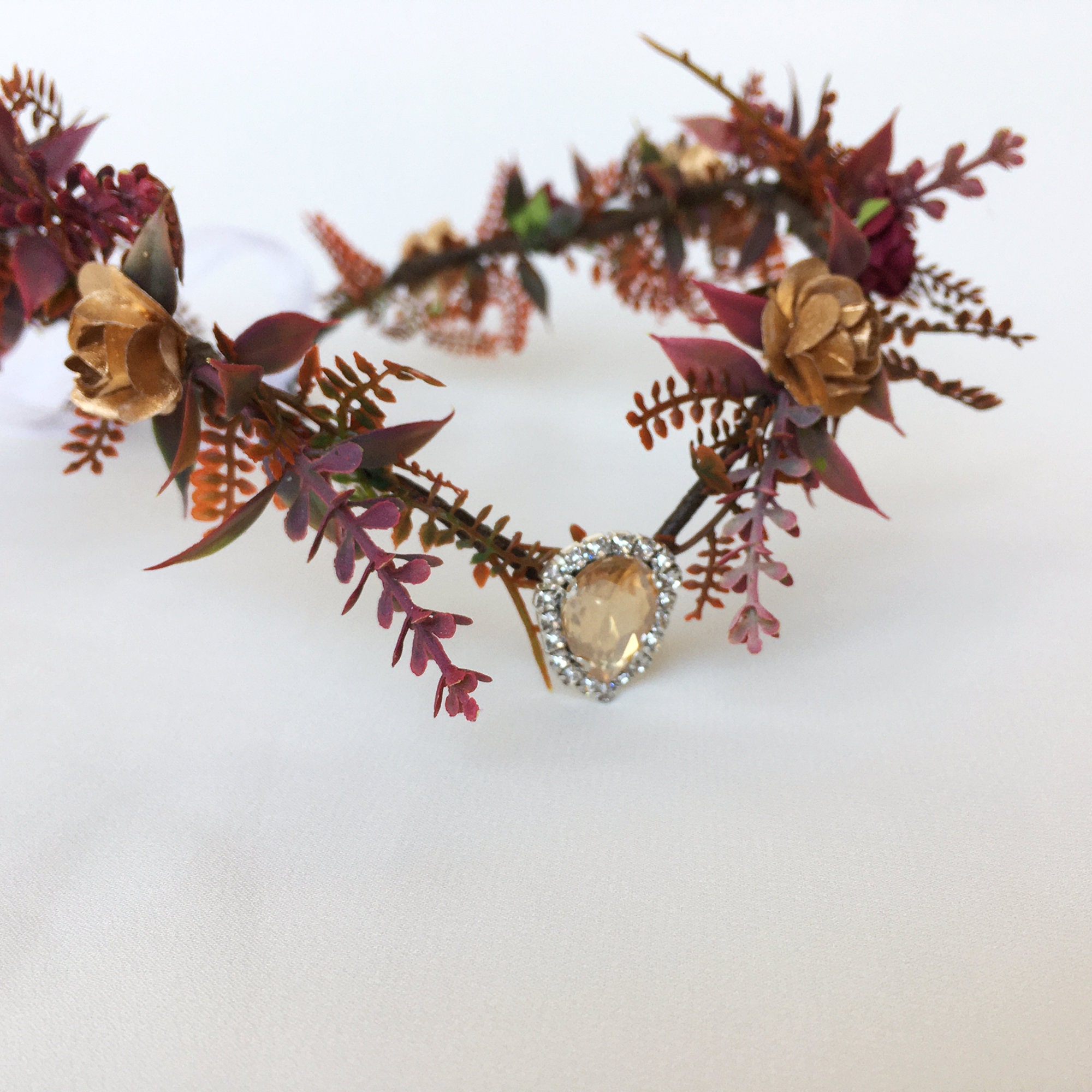 Elf flower crown Gold and burgundy flower elven crown Fairy | Etsy