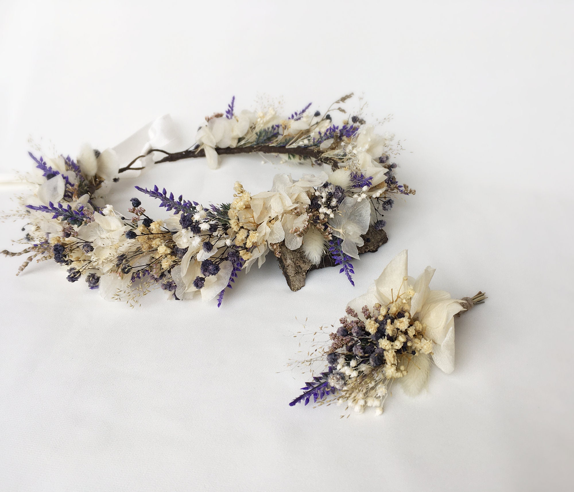 Boho Wedding Flower Crown and Boutonniere Set, Purple Floral Headpiece ...