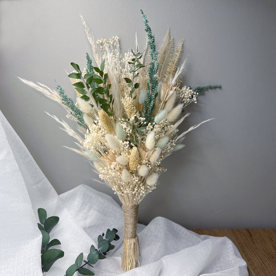 Ivory & Green Dried Flower Bouquet, Pampas Grass Wedding Bouquet ...