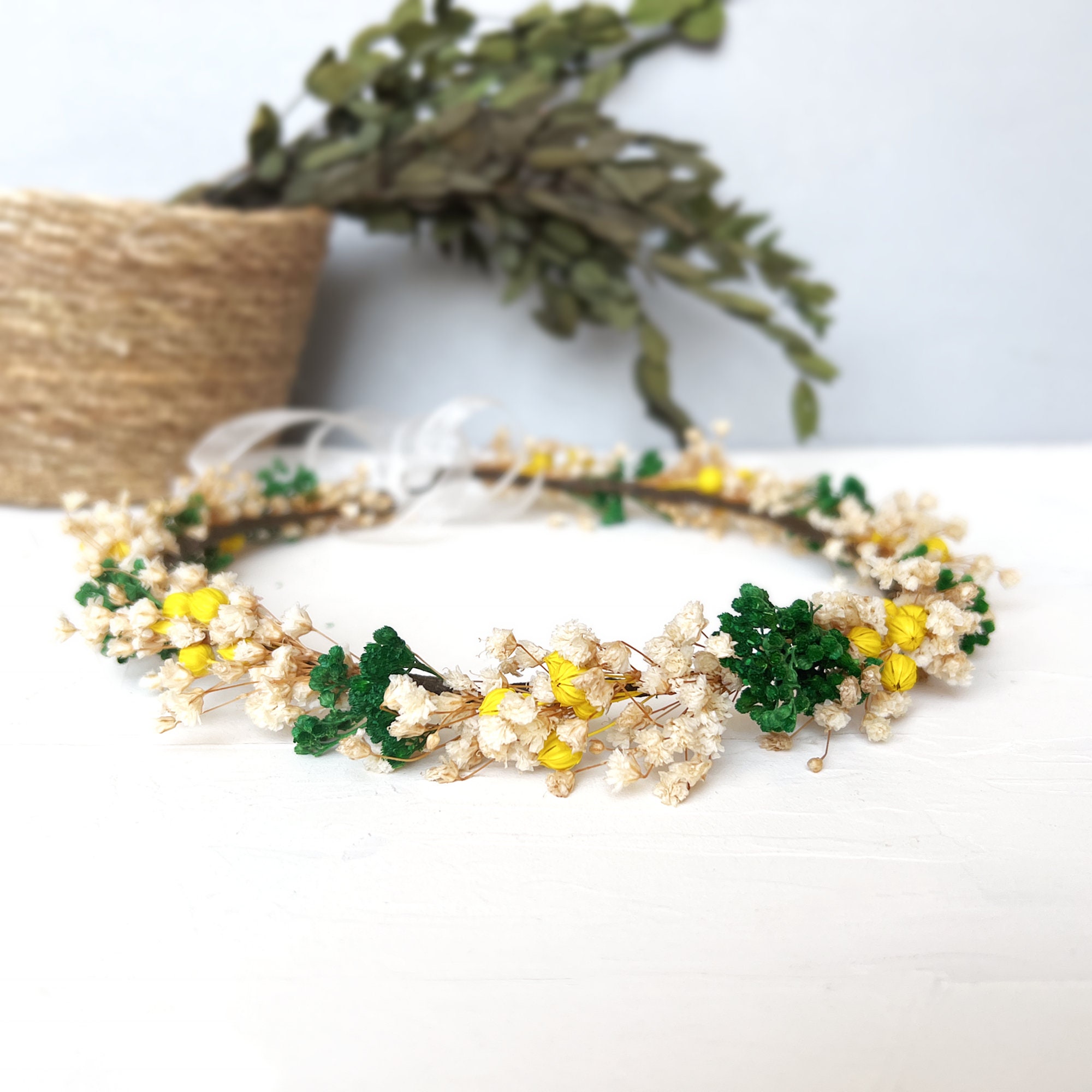 Green and Yellow Flower Crown for Wedding Flower Crown Dry | Etsy