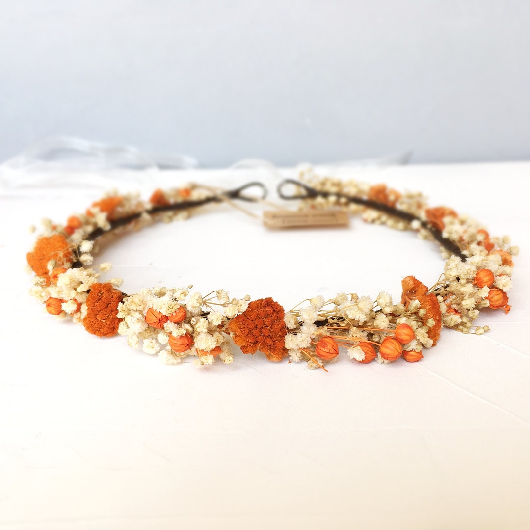 Dried Orange Boho Flower Crown, Rust Orange Wedding Flowers, Buttercup ...