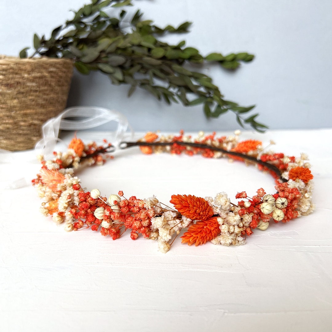 Dried Orange Boho Flower Crown, Orange Wedding Flowers, Buttercup ...