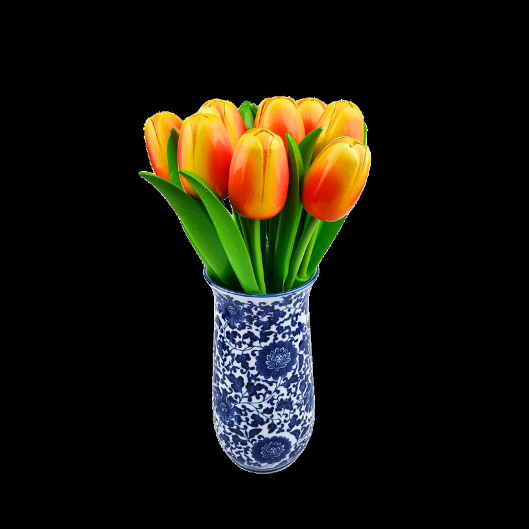 Wooden Tulips in Delft Blue Vase 10 Tulips in Orange - Etsy