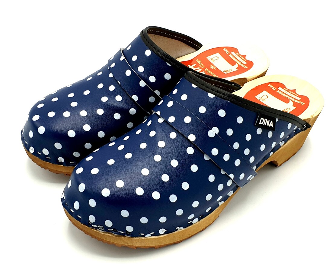 Dina Clogs Blue With White Dots, Swedish Clogs With Leather Hood - Etsy
