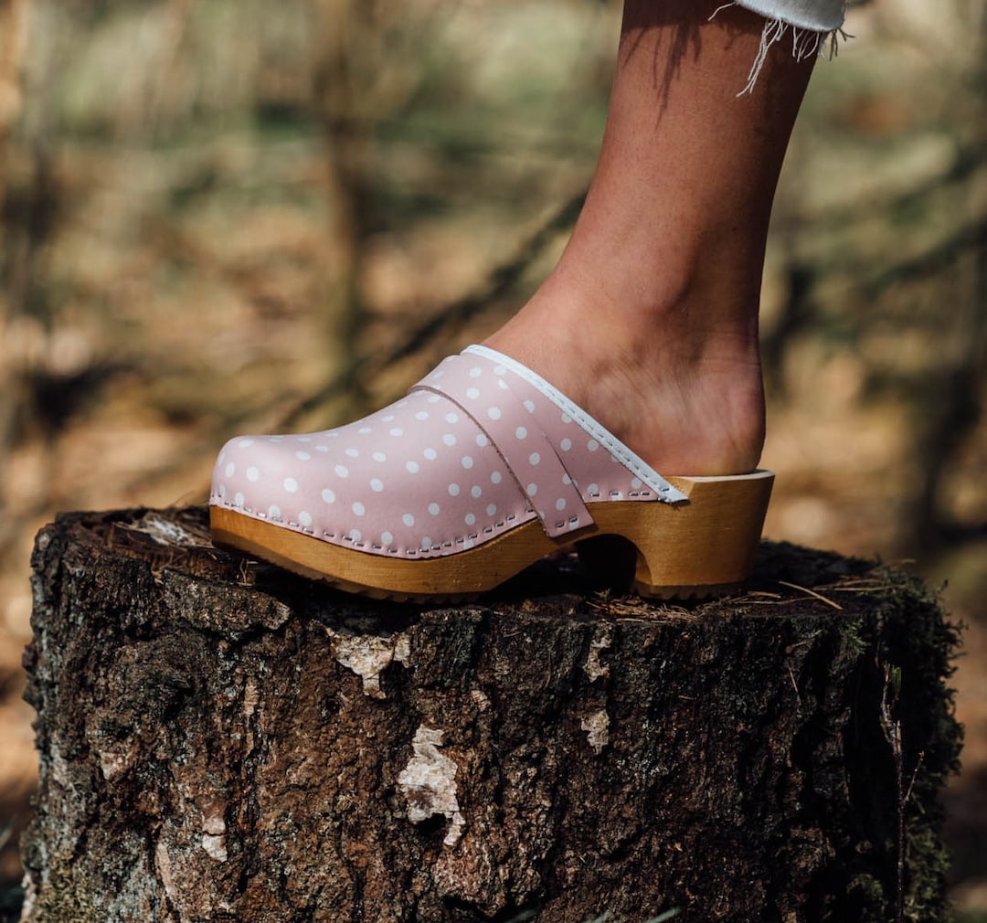 Dina Clogs Pink With White Dots, Swedish Clogs With Leather Hood - Etsy