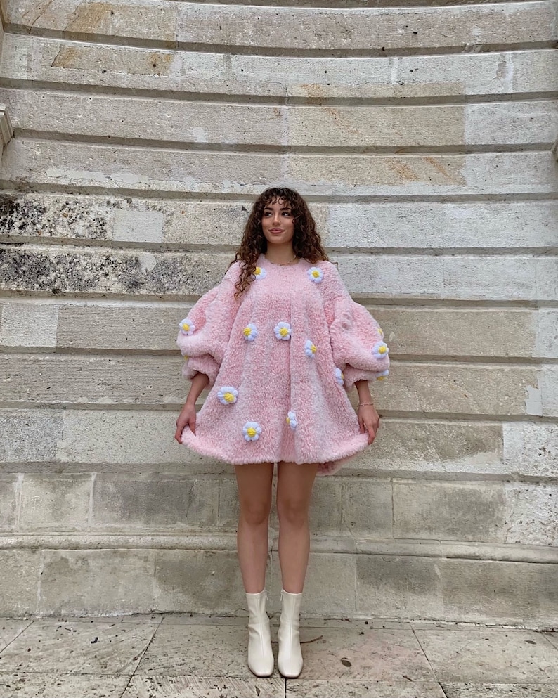 Handmade Daisy Plush Dress: Pink Faux Fur Cottagecore Knitwear - Etsy