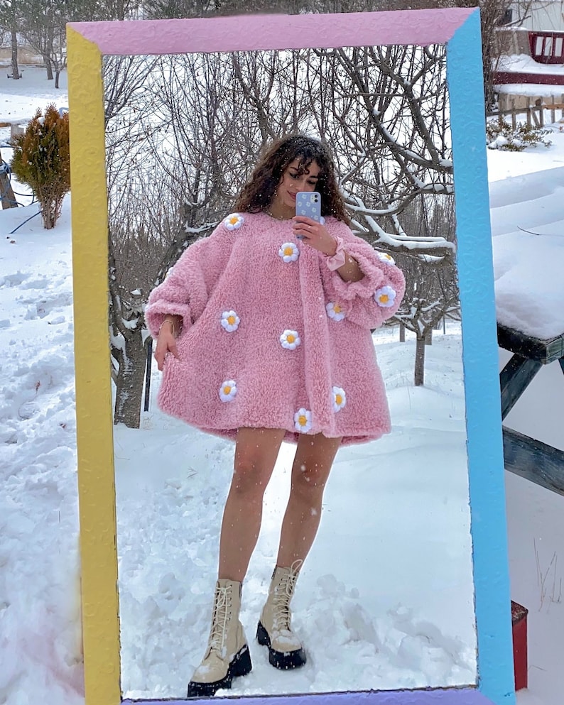 Handmade Daisy Plush Dress: Pink Faux Fur Cottagecore Knitwear - Etsy