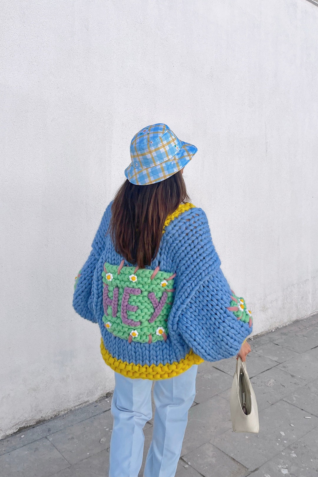 Handmade 'HEY' Blue Knit Jacket, Chunky Oversized Cardigan With Balloon ...