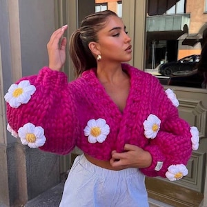 Handmade Fuchsia Daisy Cardigan, Chunky Knit With Puffy Flowers, 100% ...