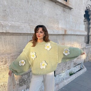 Handmade Jasmine Wool Knit Sweater, 100% Merino Wool Floral Cottagecore ...