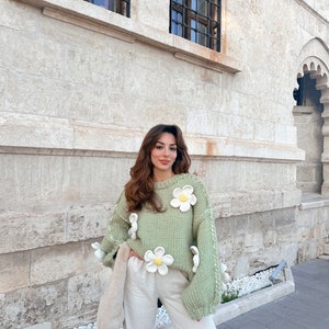 Handmade Jasmine Wool Knit Sweater, 100% Merino Wool Floral Cottagecore ...