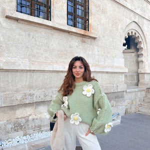 Handmade Jasmine Wool Knit Sweater, 100% Merino Wool Floral Cottagecore ...