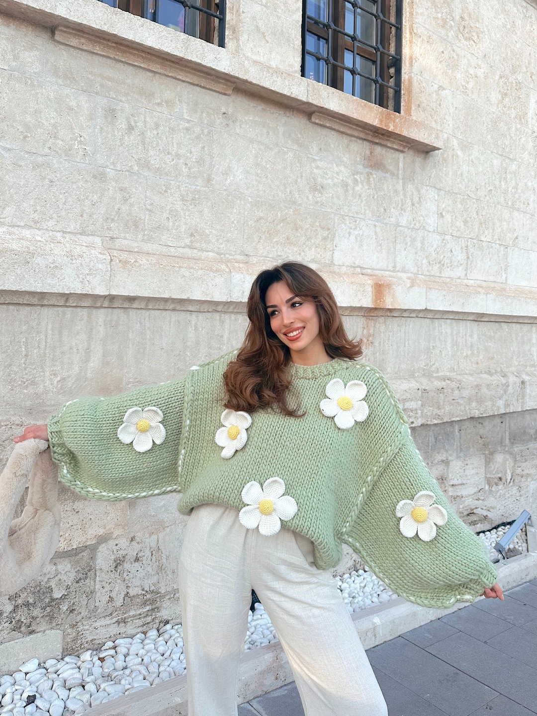 Handmade Jasmine Wool Knit Sweater, 100% Merino Wool Floral Cottagecore ...