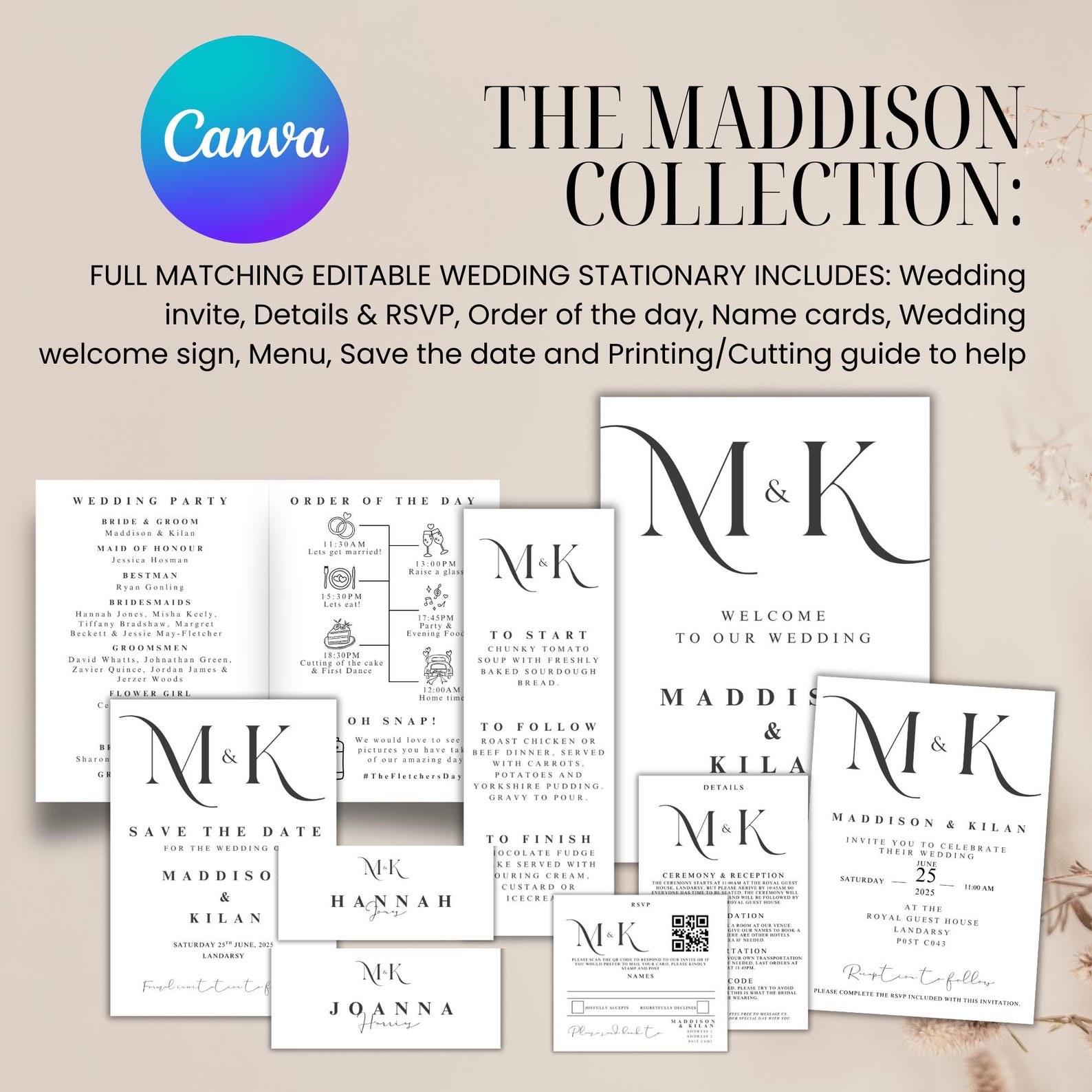 Minimalist Wedding Stationary Template Set | Editable Canva Wedding ...