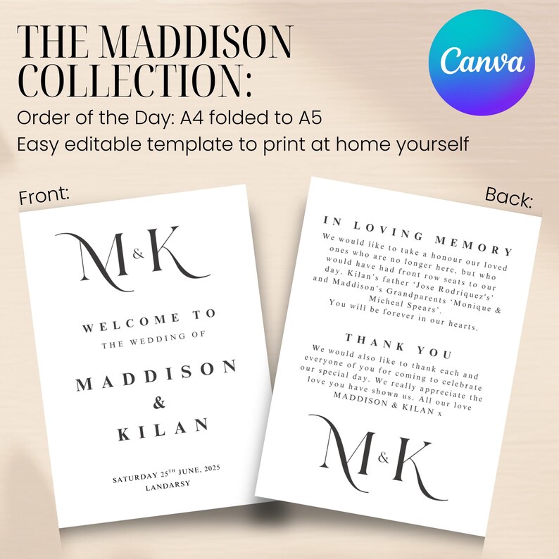Editable Wedding Program Template, Canva Template, A4 to A5 Folded ...