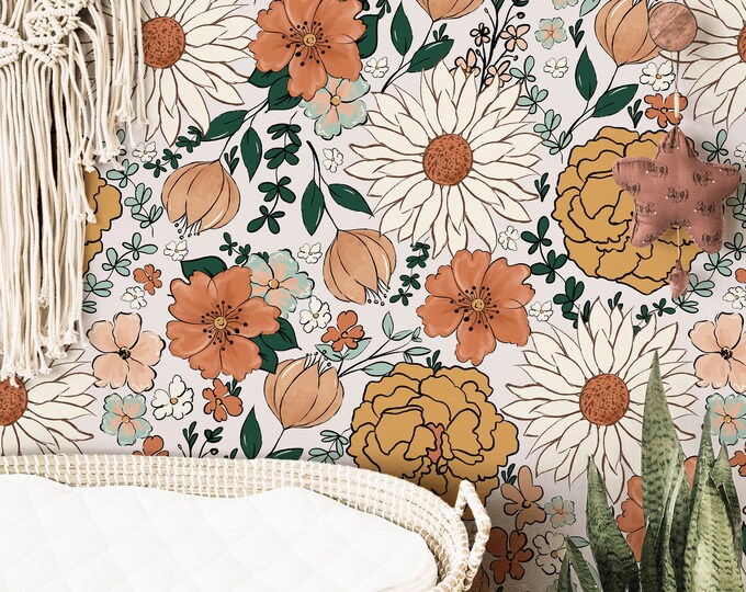 Vintage Boho Sunflower Wallpaper Girls Nursery Wallpaper - Etsy