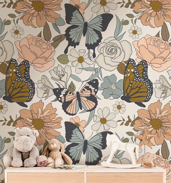 Floral Butterfly Boho Wallpaper Girls Nursery Wallpaper - Etsy
