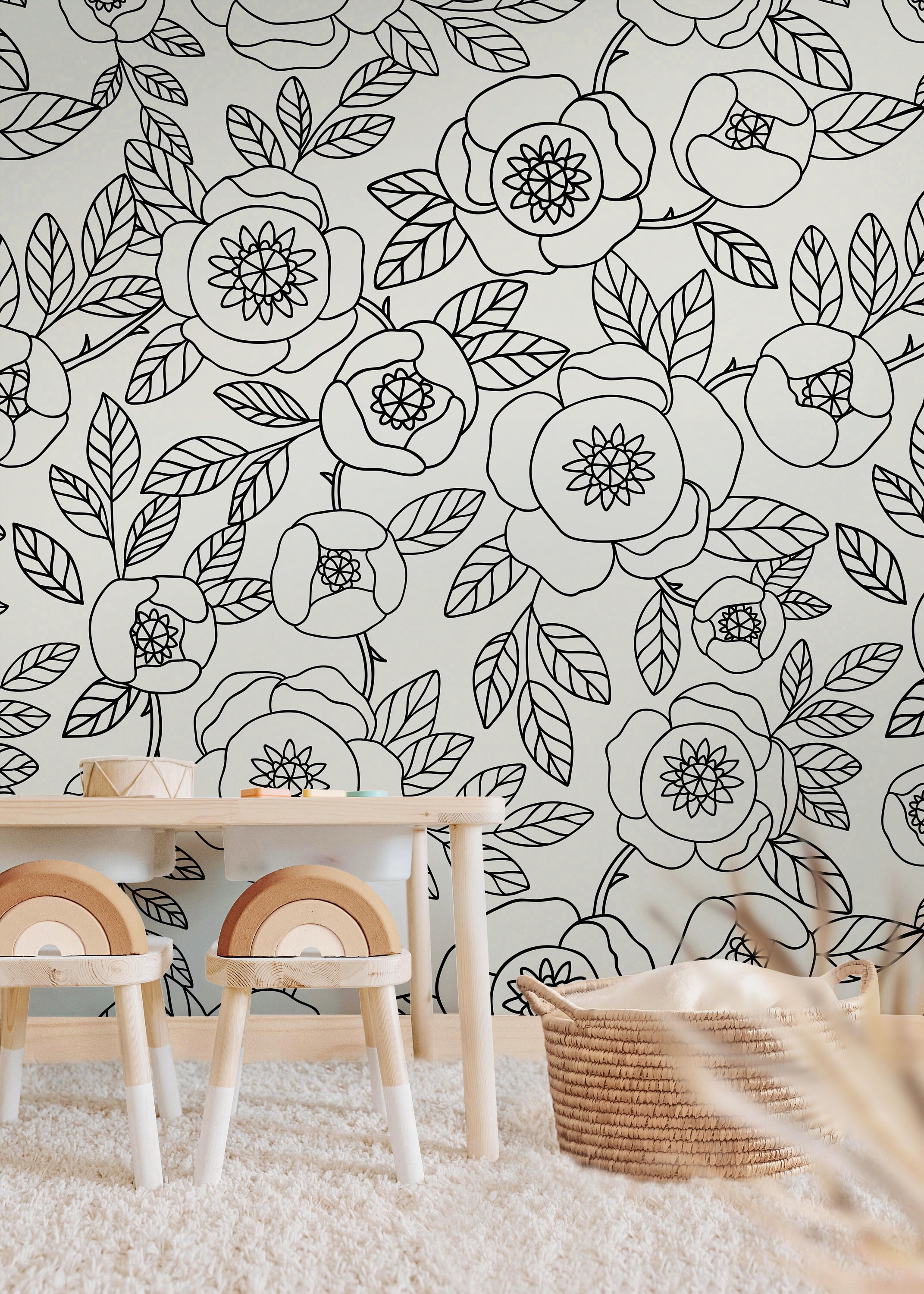 Black Cream Floral Outline Wallpaper Girls Nursery Wallpaper - Etsy