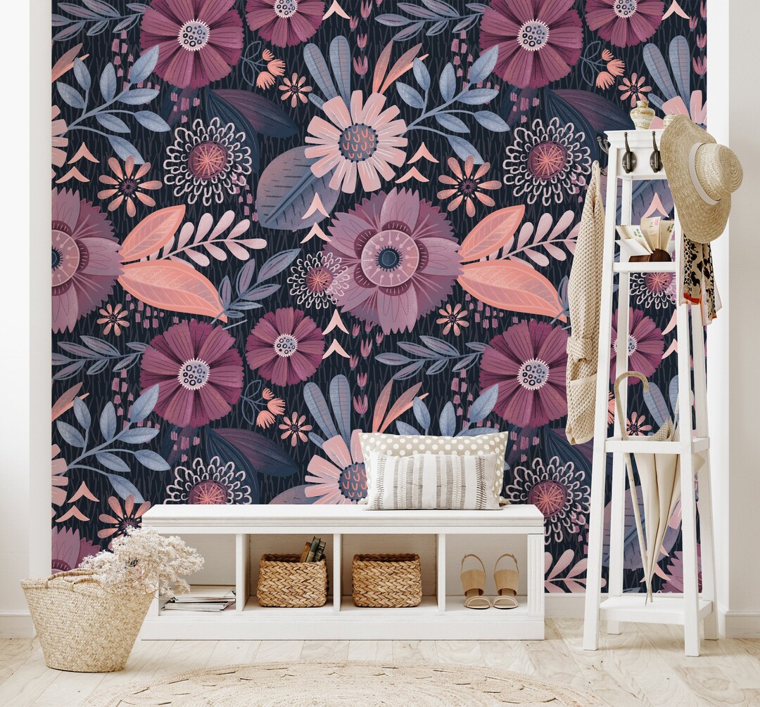 Dark Purple Floral Wallpaper | Wallpaper Peel and Stick | Removable ...