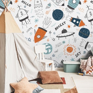 Removable Space Rockets Vintage| Boys Nursery Wallpaper | Kids ...