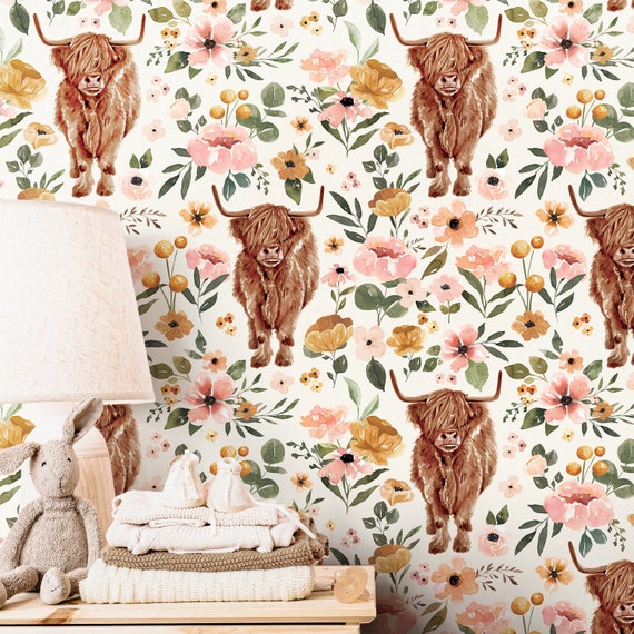 Highland Cow Floral Wallpaper Girls Nursery Wallpaper Kids - Etsy