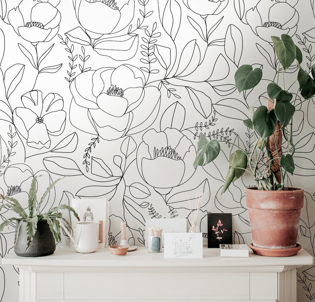 Wallpaper Peel and Stick Wallpaper Black White Large Floral Outline ...