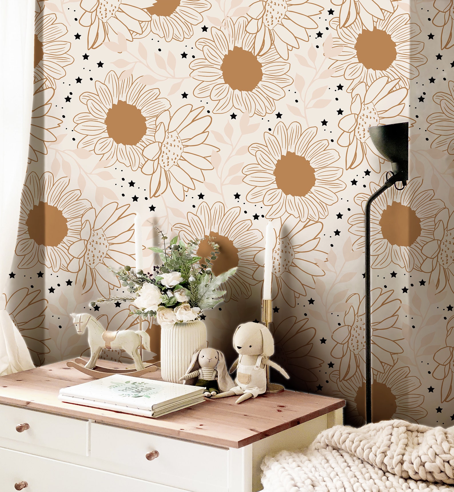 Vintage Boho Sunflower Wallpaper Girls Nursery Wallpaper - Etsy