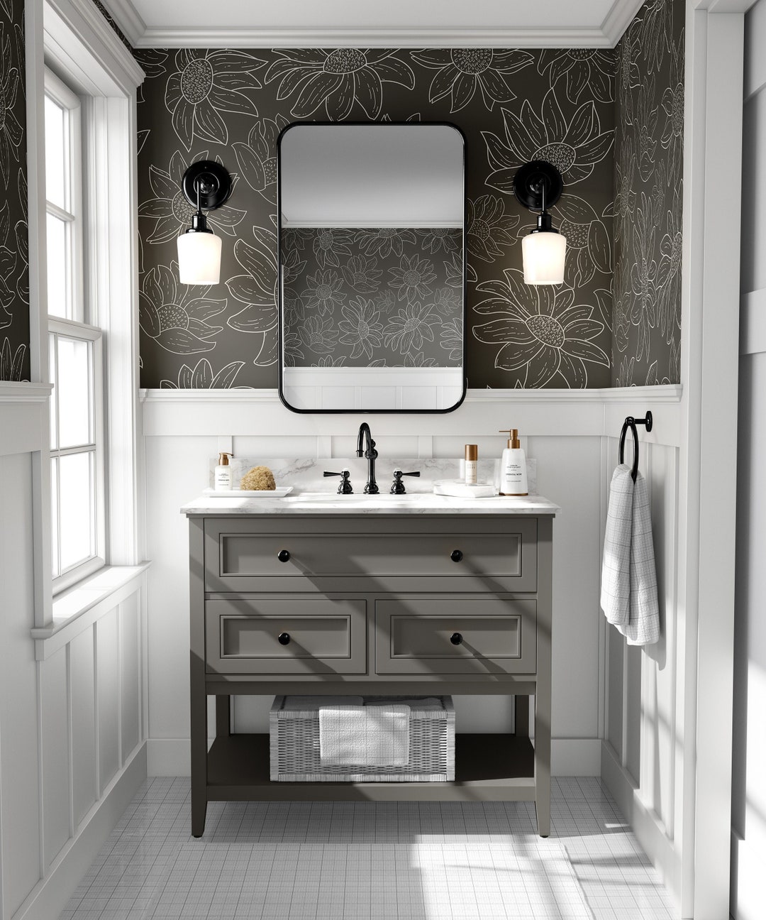 Wallpaper Peel and Stick Wallpaper Charcoal Floral Outline Removable ...