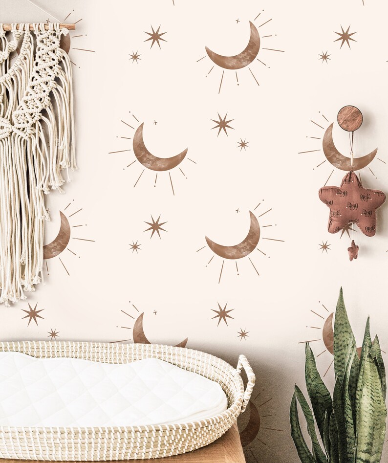 Moon and Stars Boho Wallpaper Girls Nursery Wallpaper Kids - Etsy