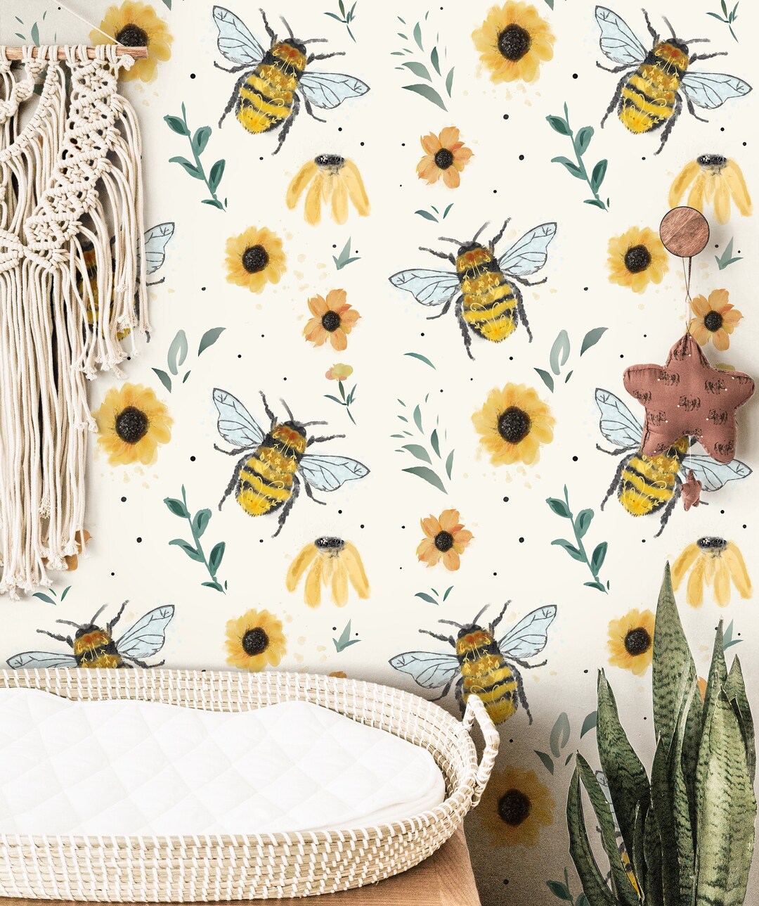 Bumble Bee Floral Cream Wallpaper | Girls Nursery Wallpaper | Kids ...