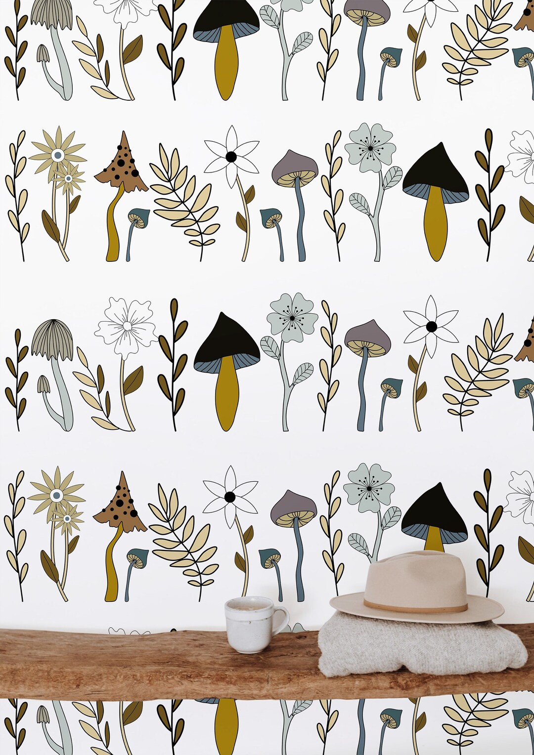 Wallpaper Peel and Stick Wallpaper Boho Mushroom Pattern White ...