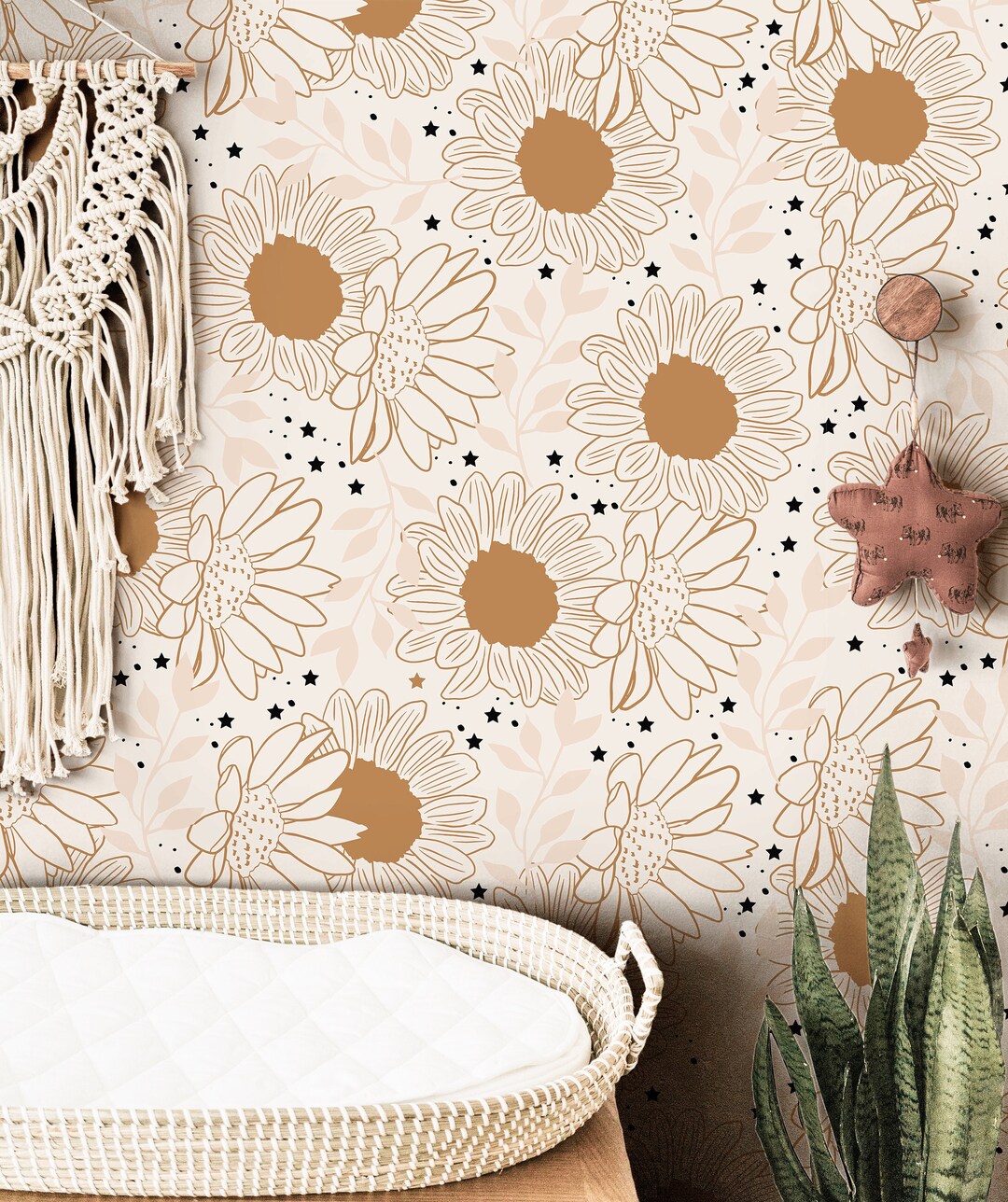 Vintage Boho Sunflower Wallpaper | Girls Nursery Wallpaper | Kids ...