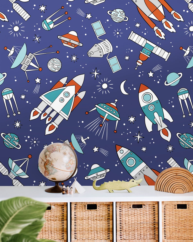 Removable Blue Space Wallpaper Boys Nursery Wallpaper Kids - Etsy