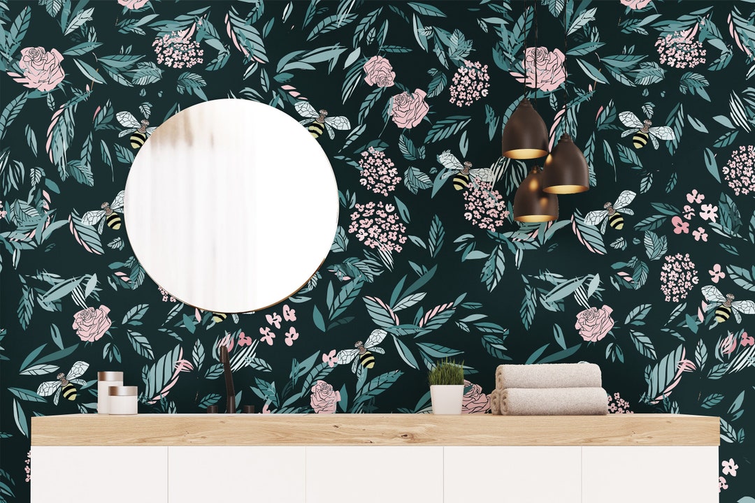 Floral and Bee Dark Wallpaper | Removable Wallpaper | Peel and Stick ...