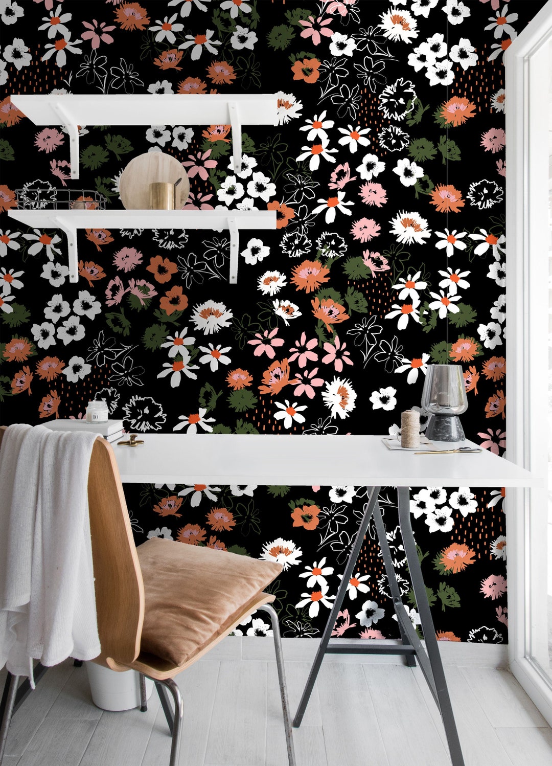 Wallpaper Peel and Stick Wallpaper Black Dark Wildflower Floral Modern ...