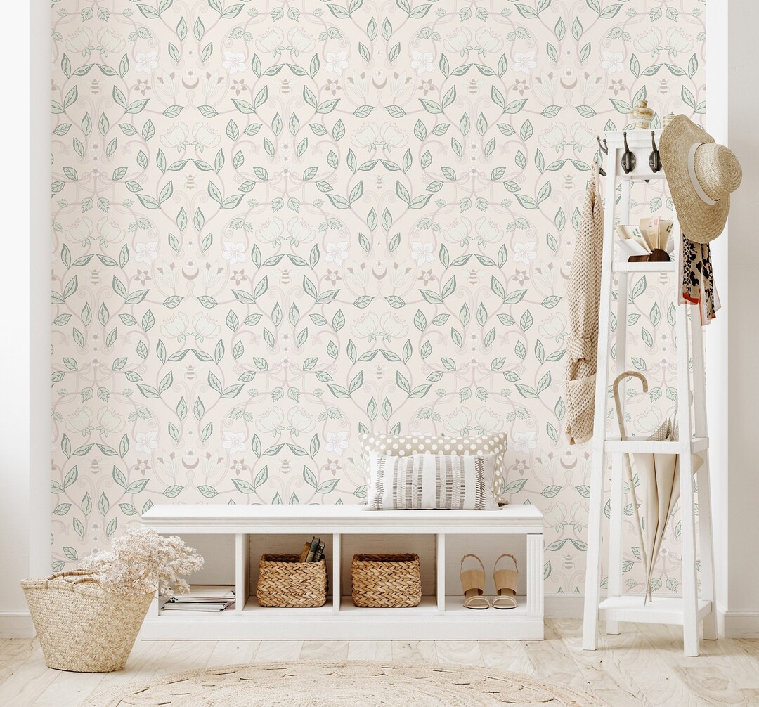 Wallpaper Peel and Stick Wallpaper Light Floral Pastel Vines Muted Pink ...