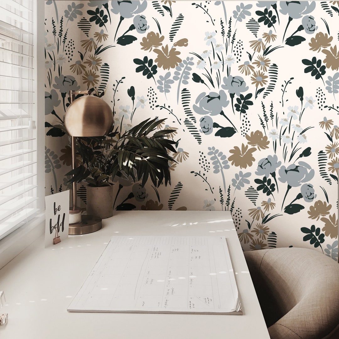 Muted Cream Floral Abstract Garden Wallpaper Peel and Stick Wallpaper ...