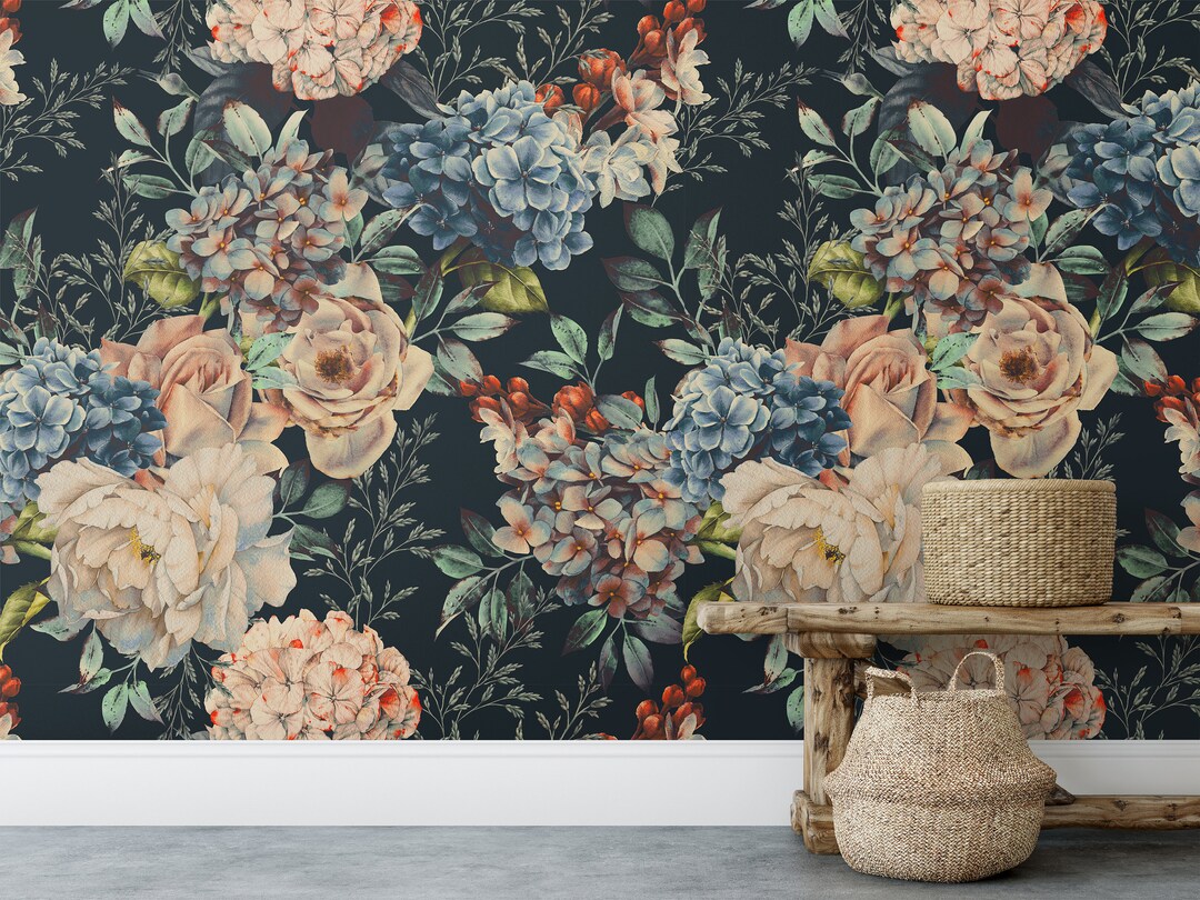 Removable Wallpaper Large Dark Floral Wallpaper | Peel and Stick ...