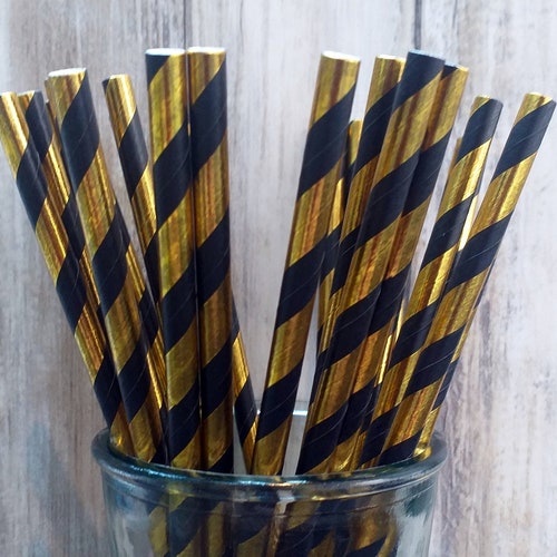 8 20cm Glitzy Gold and Black Stripe Paper Straw Black - Etsy UK