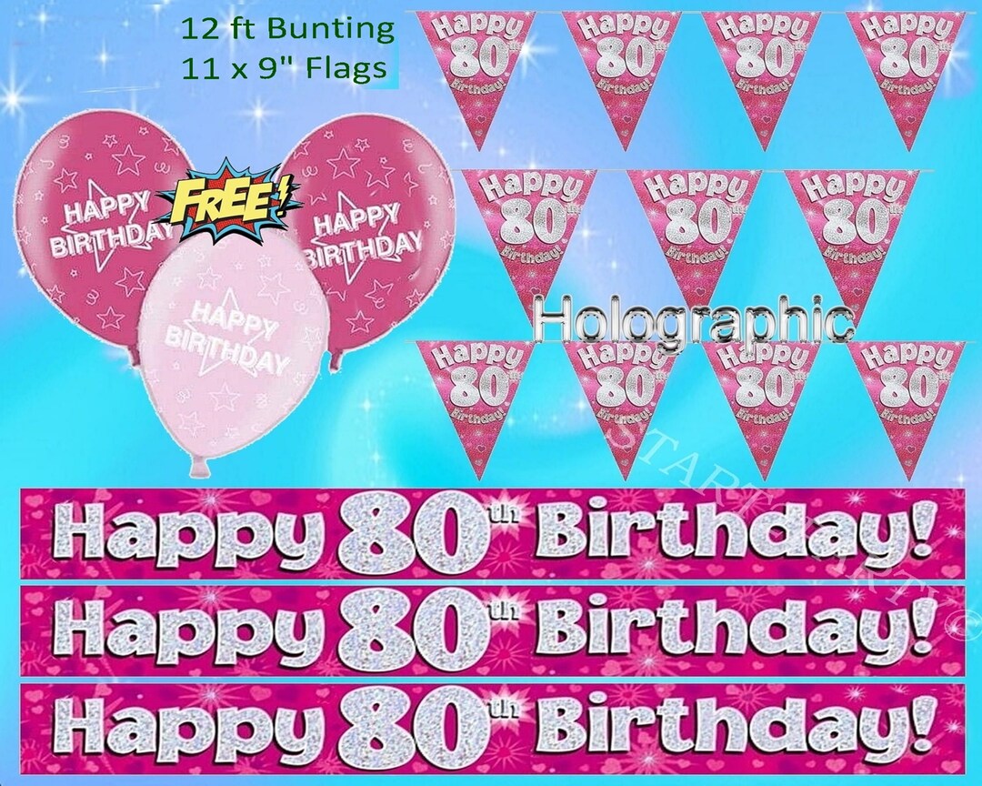 Age 80 Birthday Party Decorations Pink Bunting And Banners Balloons